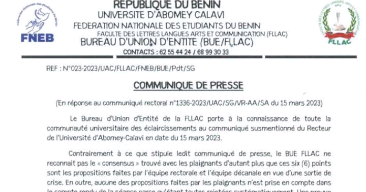 Le BUE FLLAC réagit au communiqué du Recteur - 24 HEURES AU BENIN